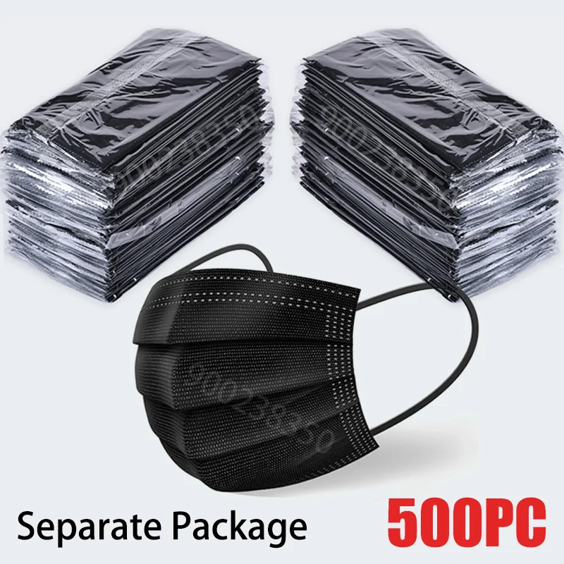 10-50-100-200-500pcs-Mask-Disposable-Separate-Package-Black-Face-Masks ...