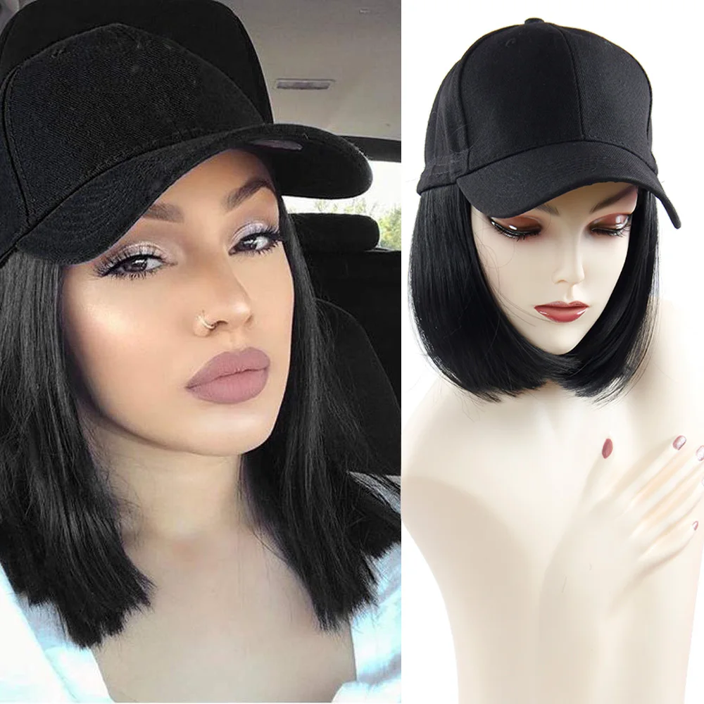 Baseball Cap Short Wigs For Black Women Heat Resistant Fiber Black Hair ...