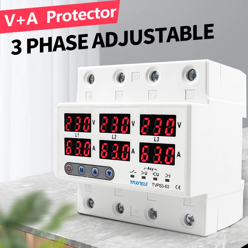 3 three phase Voltage Current Relay Protector 63A 60A 220V Over Under ...
