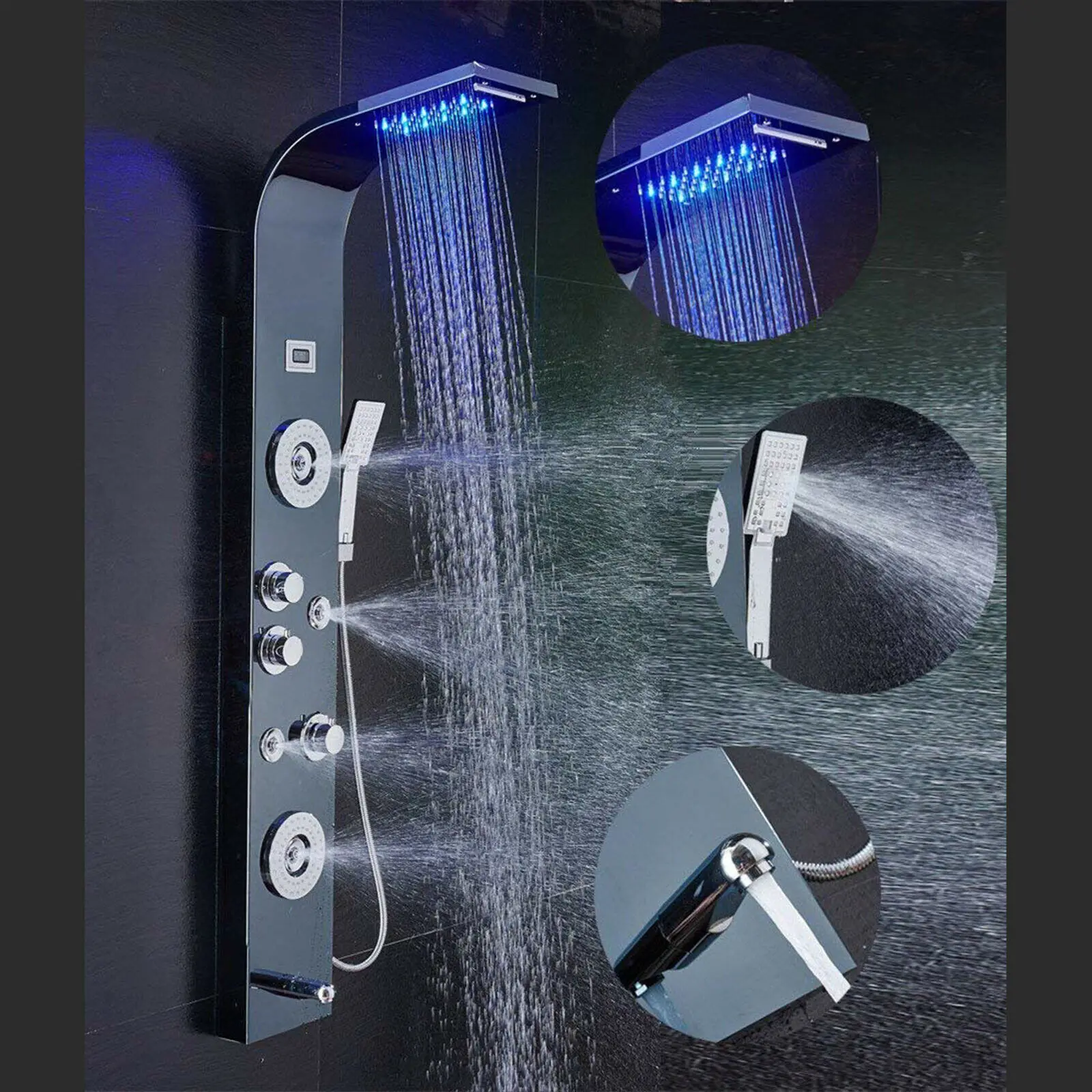 Brushed LED Light Waterfall Rainfull Shower Panel SPA Sprayer Jets 3 ...