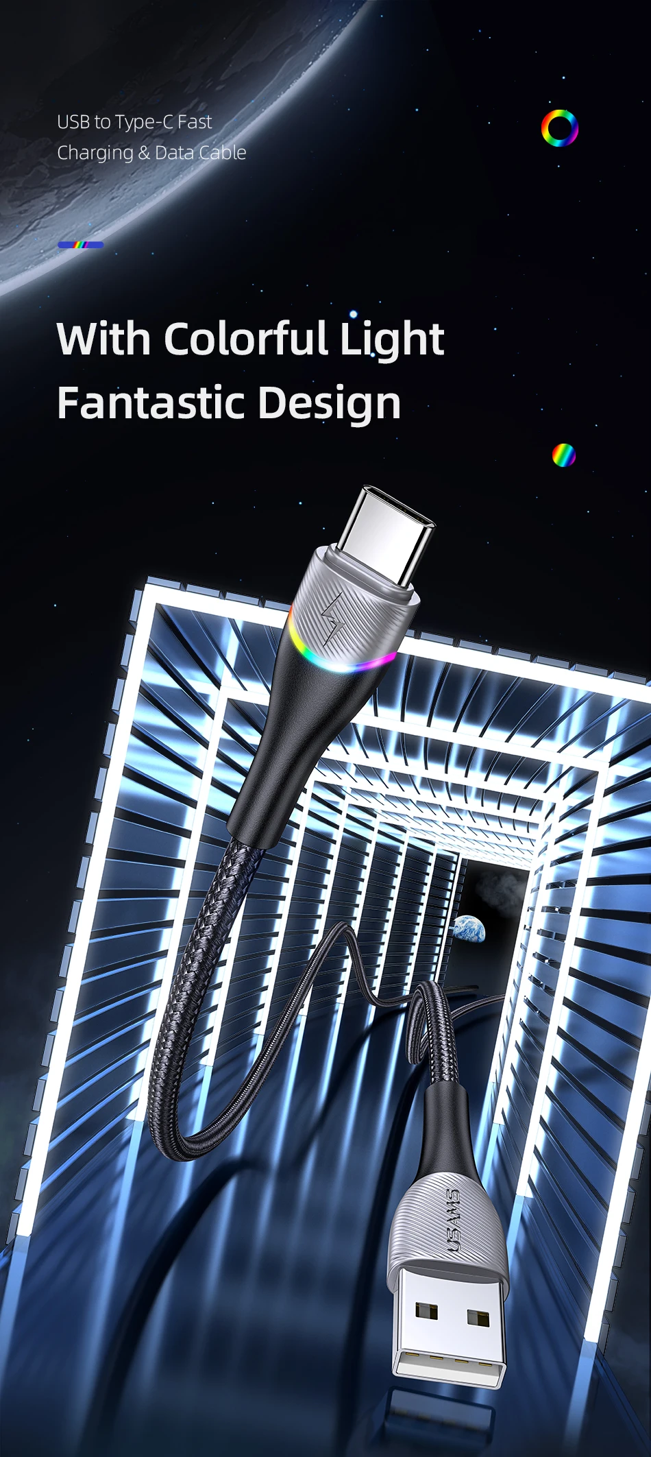 USAMS 1.2m 3A 2.4A Cable Colorful LED Indicator Order Now