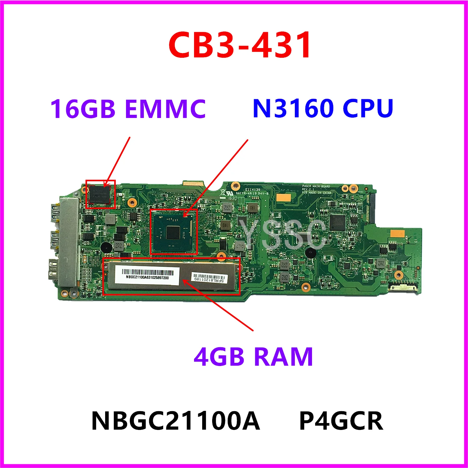 P4gcr Mainboard For Acer Chromebook 14 Cb3-431 Notebook Motherboard ...