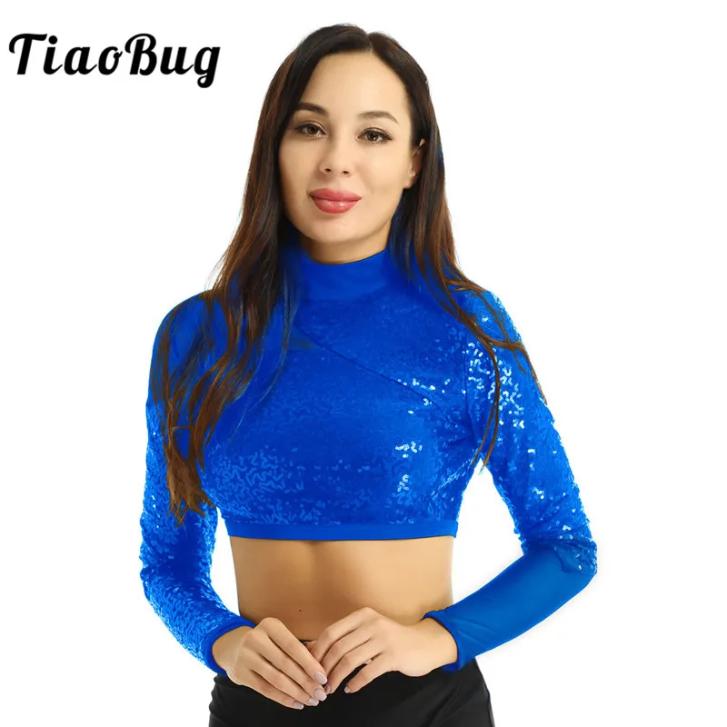 TiaoBug Women Shiny Sequins Long Sleeve Mesh Splice Sexy Crop Tops ...