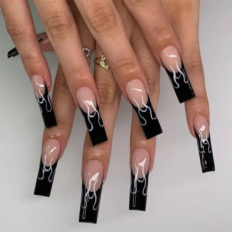 Faux ongles français noirs Extra longs, 24 pièces, Faux ongles à motif ...