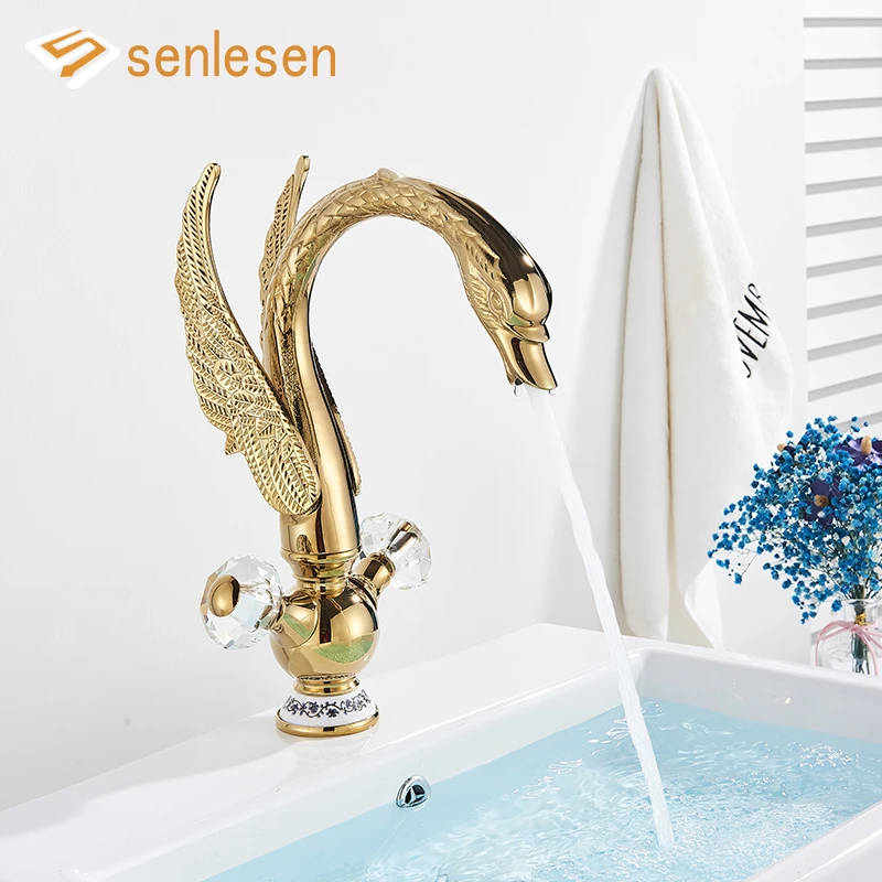 Senlesen Golden Swan Bathroom Basin Faucet Hot and Cold Water Mixer Tap ...