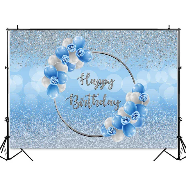 Silver Happy Birthday Party Backdrop Shiny Bokeh Blue Floral Balloons ...