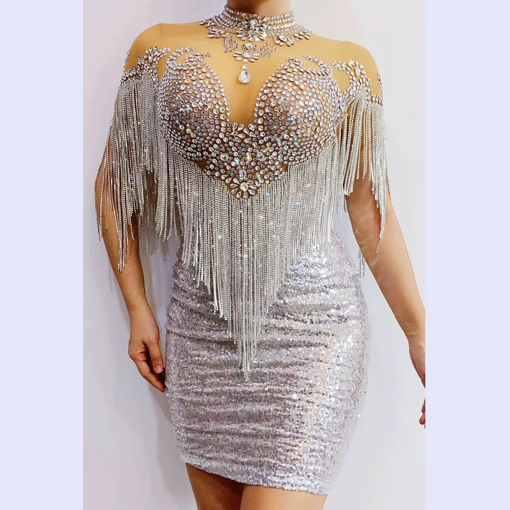 Sparkly Silver Crystal Tassel Strech Dress Women Rhinestone Party ...