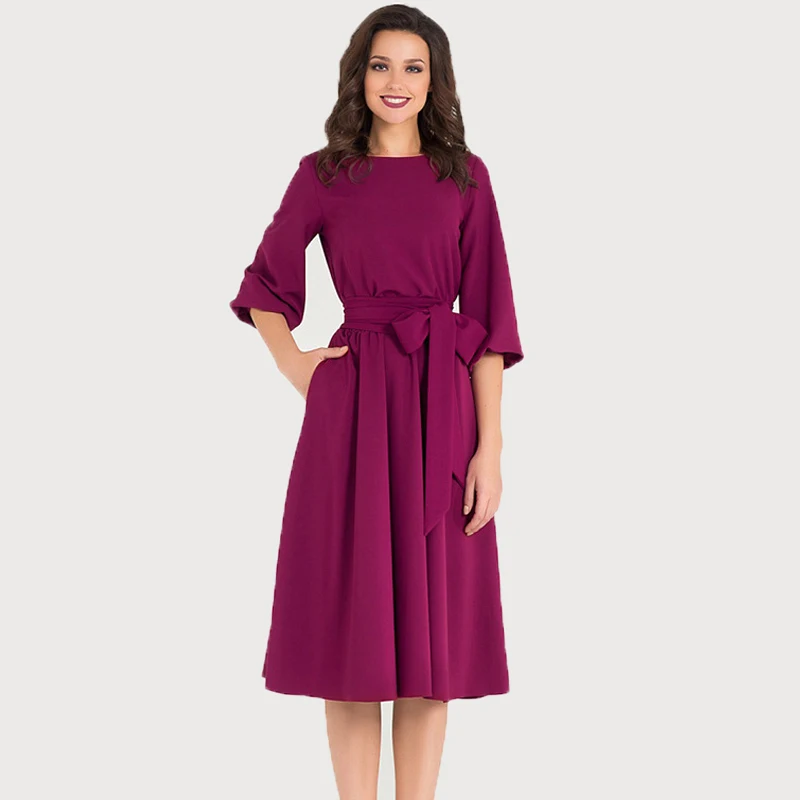 Elegant office ชุดทำงานผู้หญิง o คอ frocks พัฟแขน midi ชุดกับเข็มขัด ...