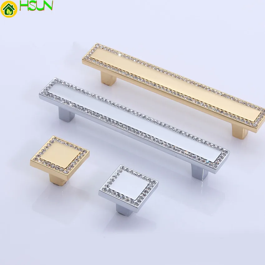 Gold Silver Crystal Dresser Knobs Drawer Handles / Square Glass Cabinet ...