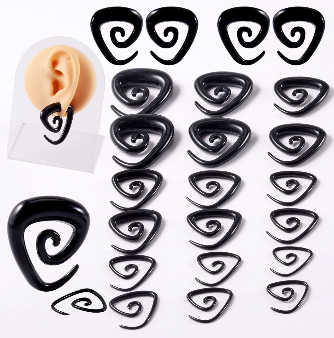 PAIR Acrylic Black Ear Spiral Expander Ear Plugs Triangle Spiral Ear ...