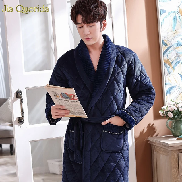 Bathrobes Men Leisure Home Clothing Winter Thick Long Robe 3 Layer Padded Velvet Kimono Mens'r ...