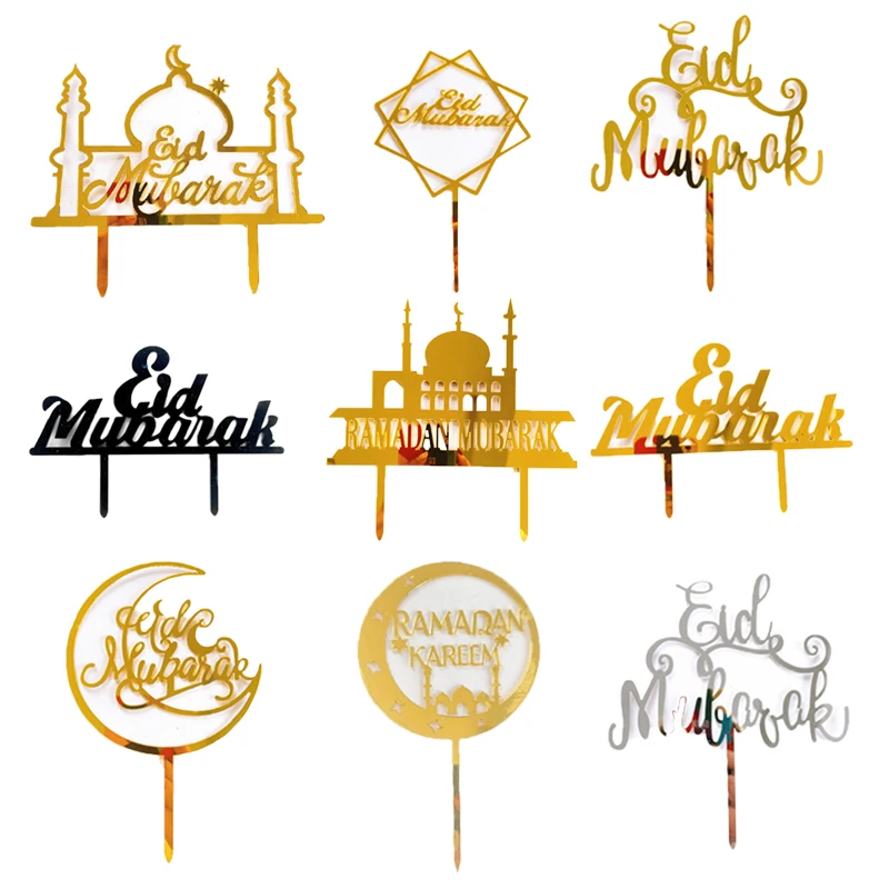 New Muslim Islam Happy Eid Mubarak Golden Silver Acrylic Cake Topper ...