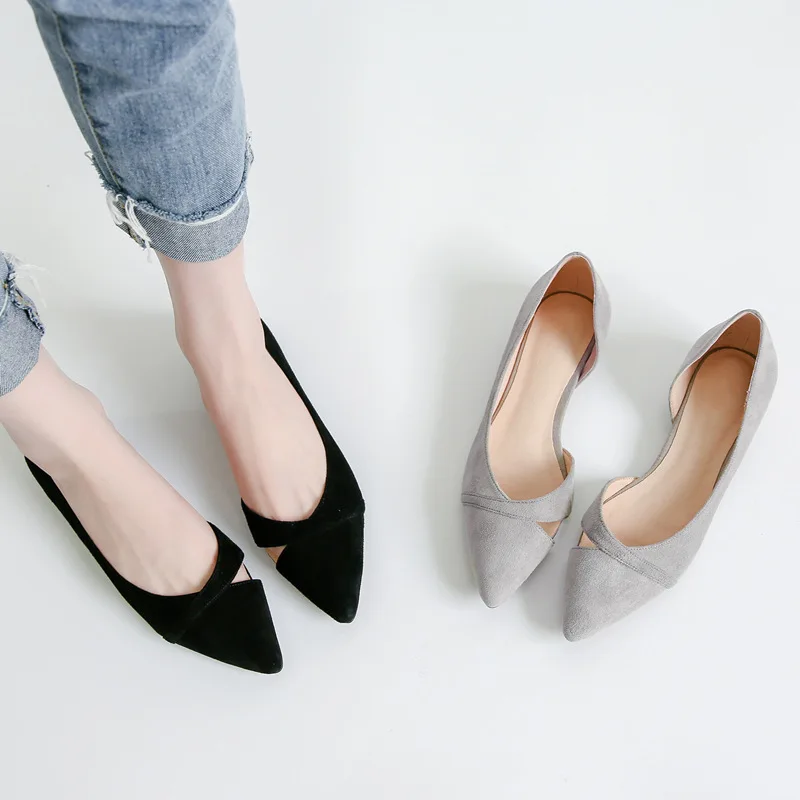 Women Shoes Flats Gray Pointed Toe Basic Simple Concise Flat Heel Shoes ...