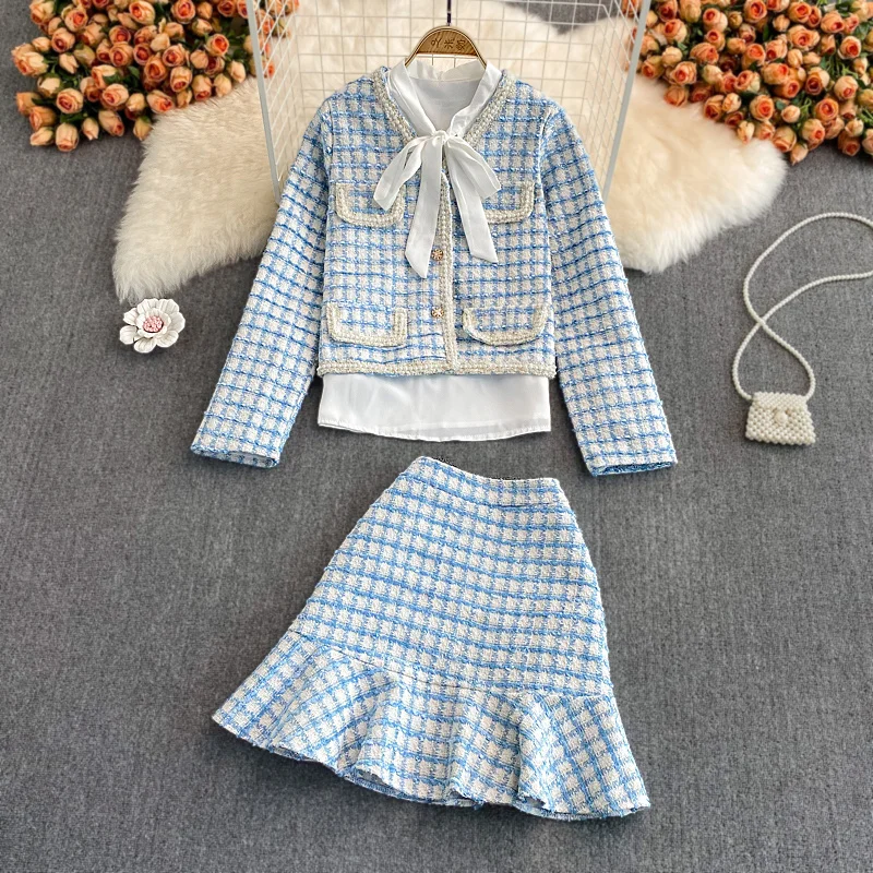 Korean Sweet Small Fragrance Tweed 2 Piece Set Women Woolen Jacket Coat ...