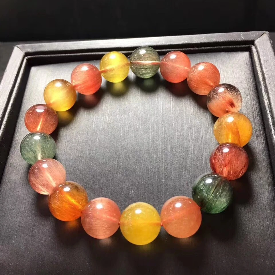 Natural Colorful Rutilated Quartz Crystal Bracelet Women Men 12mm Clear ...