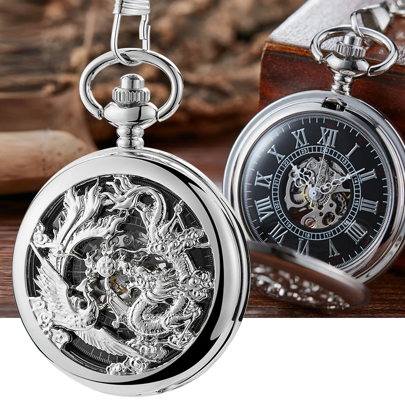 Dragon Phoenix Mechanical Pocket Watch for Men Women Skeleton Roman ...
