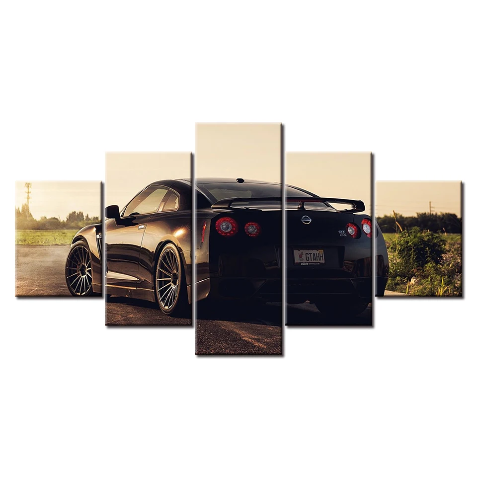 5 Panel Vehicles Tuned Nissan GTR Black Strakes View On Canvas Print ...