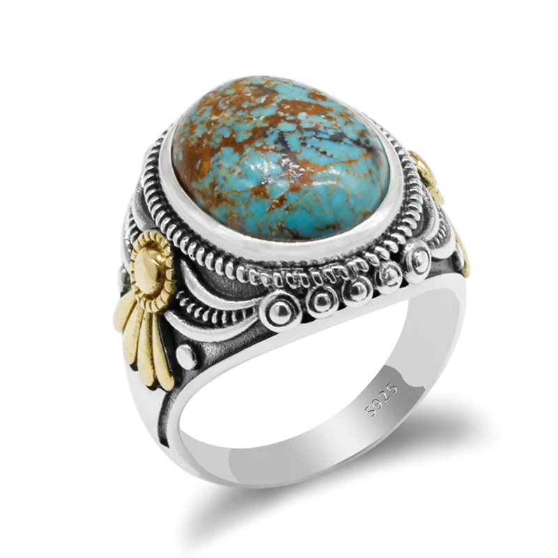 S925 Sterling Silver Natural Blue Turquoise Stone Men Ring S925 Thai ...