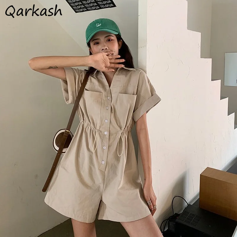 Rompers-Women-Loose-Simple-Buttons-Girls-Korean-Style-Streetwear-Solid-Color-Cool-Turn-down ...