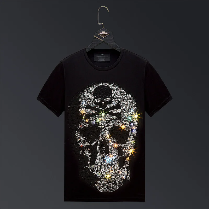 Plus Size 2021 Fashion Rhinestones Skulls T Shirts Men Summer Streetwear Short Sleeve Man O Neck ...