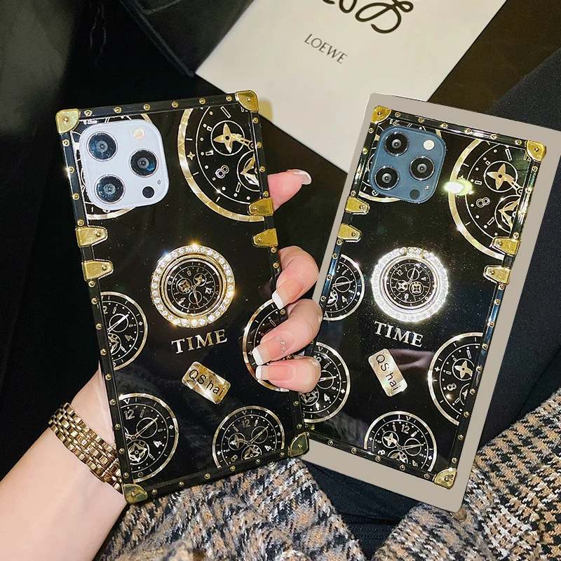 Fashion Glitter Black Glossy Time Pattern Square Case For Iphone 13 12 ...