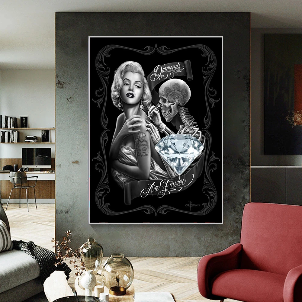 Dark Marilyn Monroe and Skeleton Modern Fashion Canvas Printing Wall ...