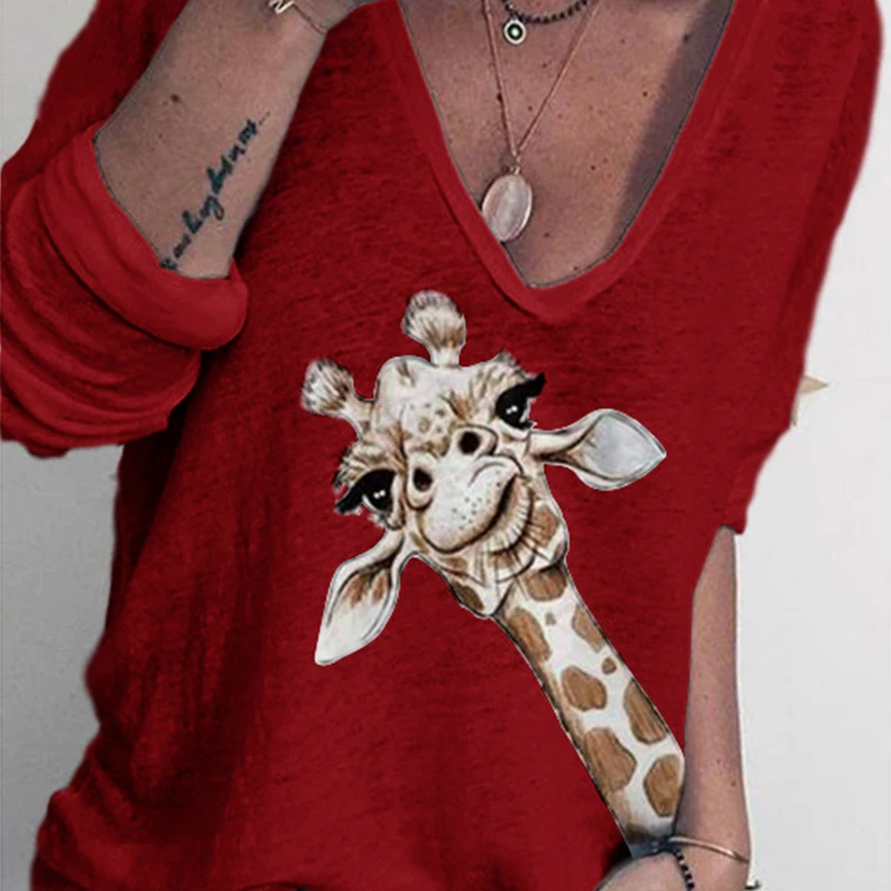 Cute Giraffe Print Shirt Casual Solid Color V-neck Long Sleeves Tops ...