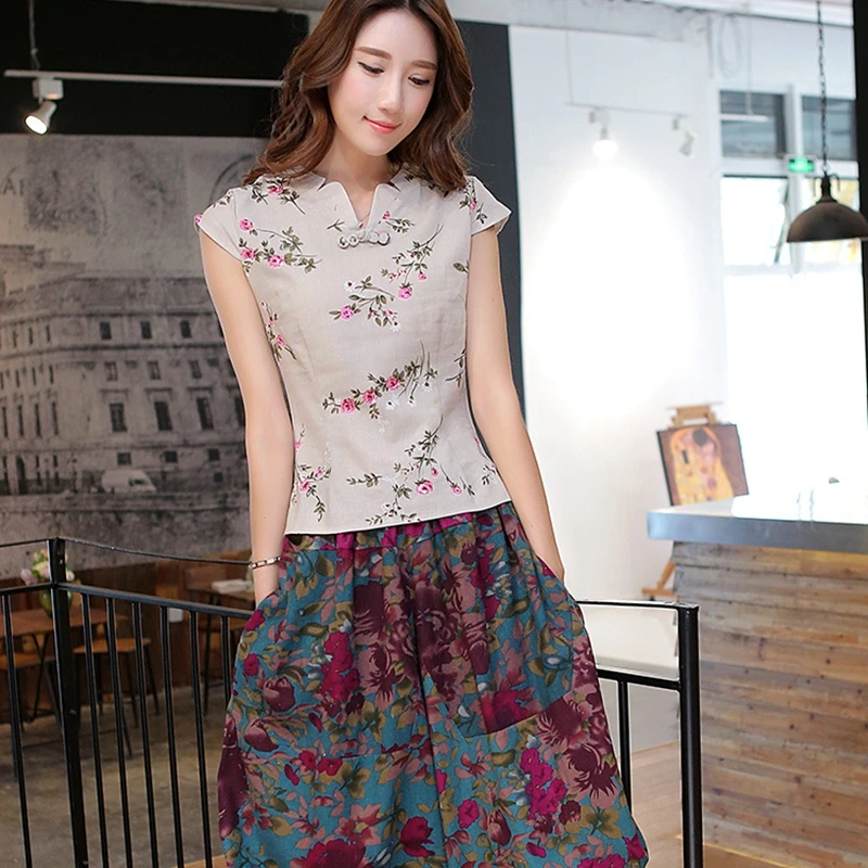 Blusa-de-lino-chino-con-cuello-en-V-para-mujer-top-tradicional-chino ...