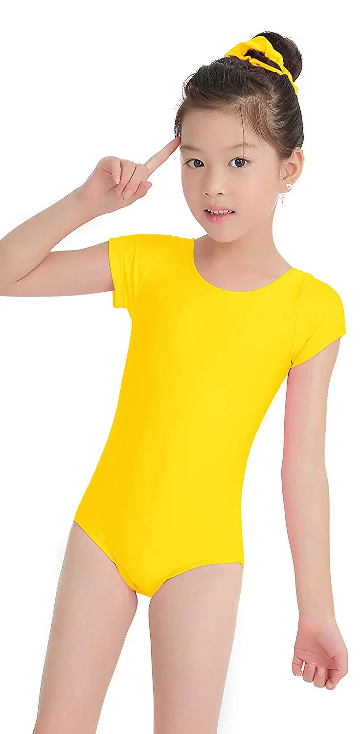 Girls lycra Spandex Short Sleeve Leotards Gymnastics tops Scoop Neck Ballet Dance Leotards ...