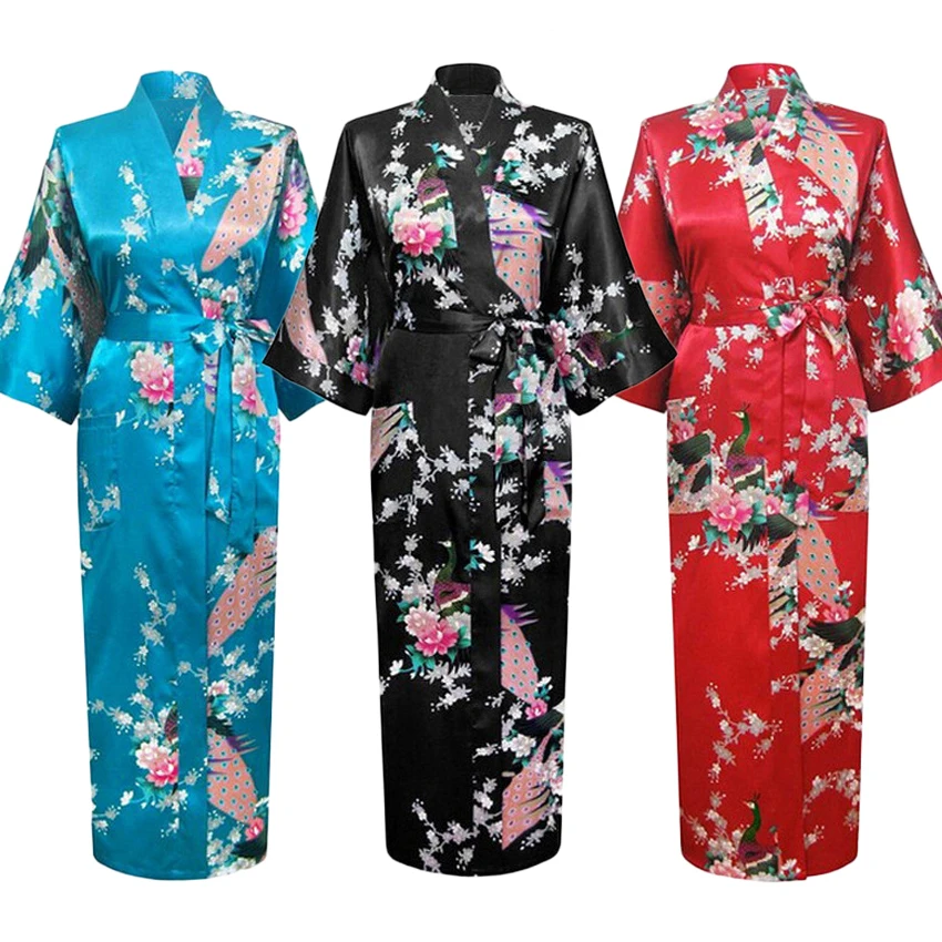 Long Style Loose Japanese Satin Peacock Woman Yukata Dress Sleepwear ...