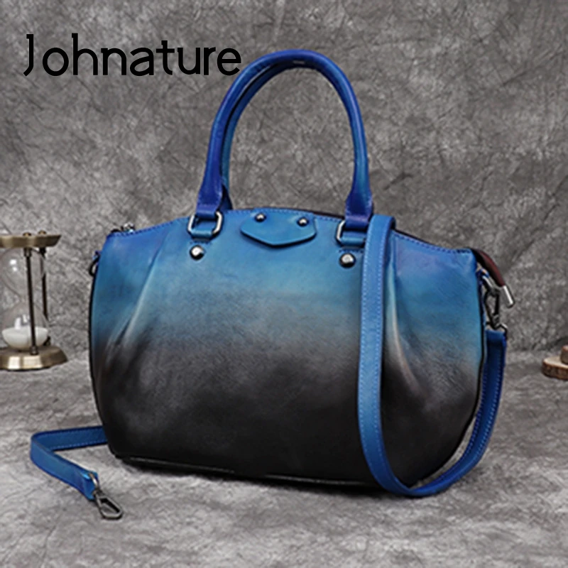 Johnature 2022 New Vintage Genuine Leather Handbag Large Capacity Women Bag Leisure Soft Cowhide ...