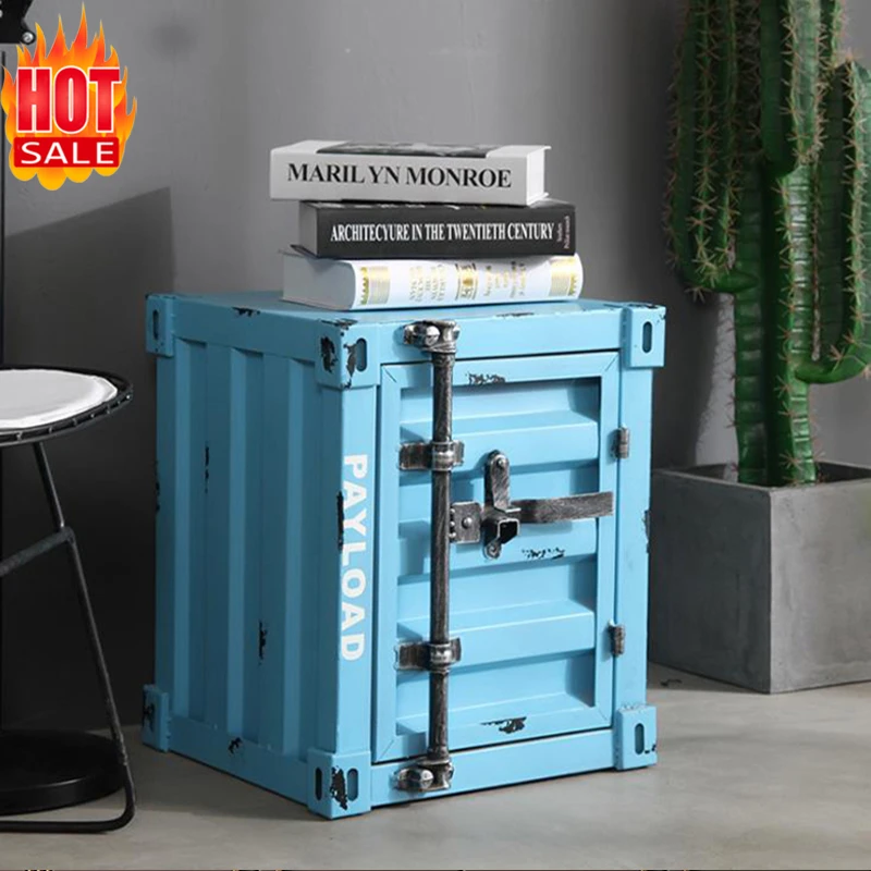 Retro Container Iron Bedside Table With Lock Storage Drawer Metal Bed ...