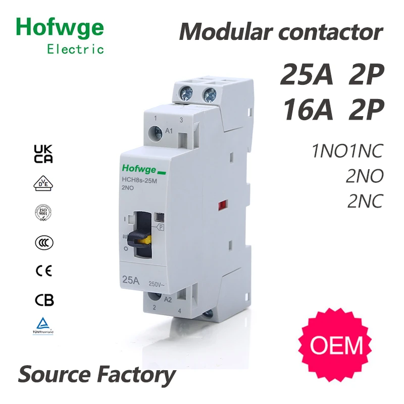 Hch8s-25m 2p 16a 20a 220v Din Rail Household Ac Modular Contactor With Manual Control Switch 2no ...