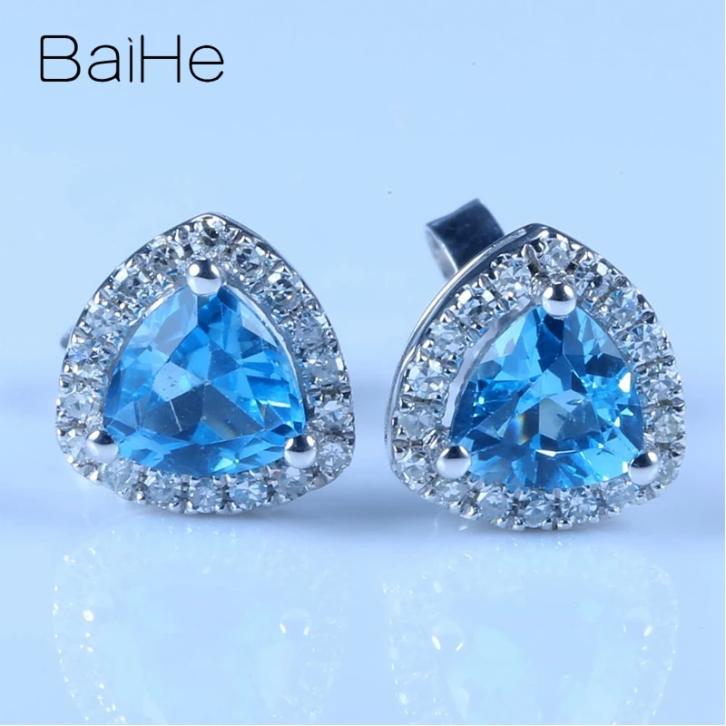 BAIHE Women Solid 14k White Gold 4.5mm Natural Blue Topaz Earrings ...