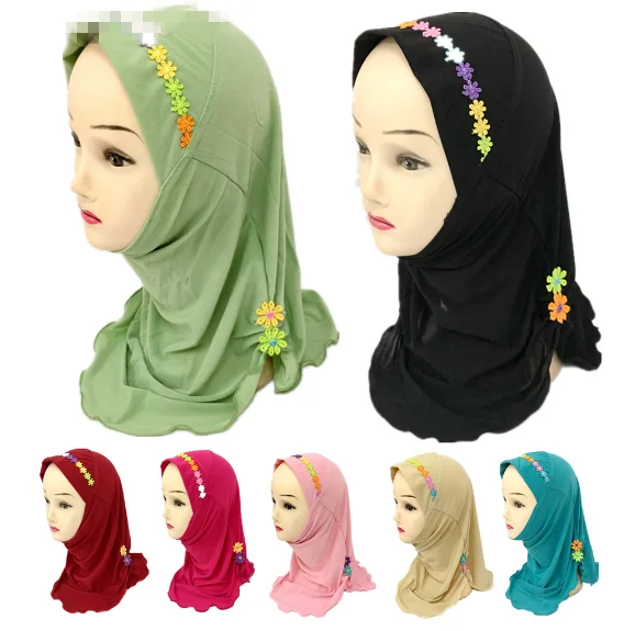 Girls Kids Muslim Beautiful Hijab Islamic Arab Scarf Shawls Flower ...