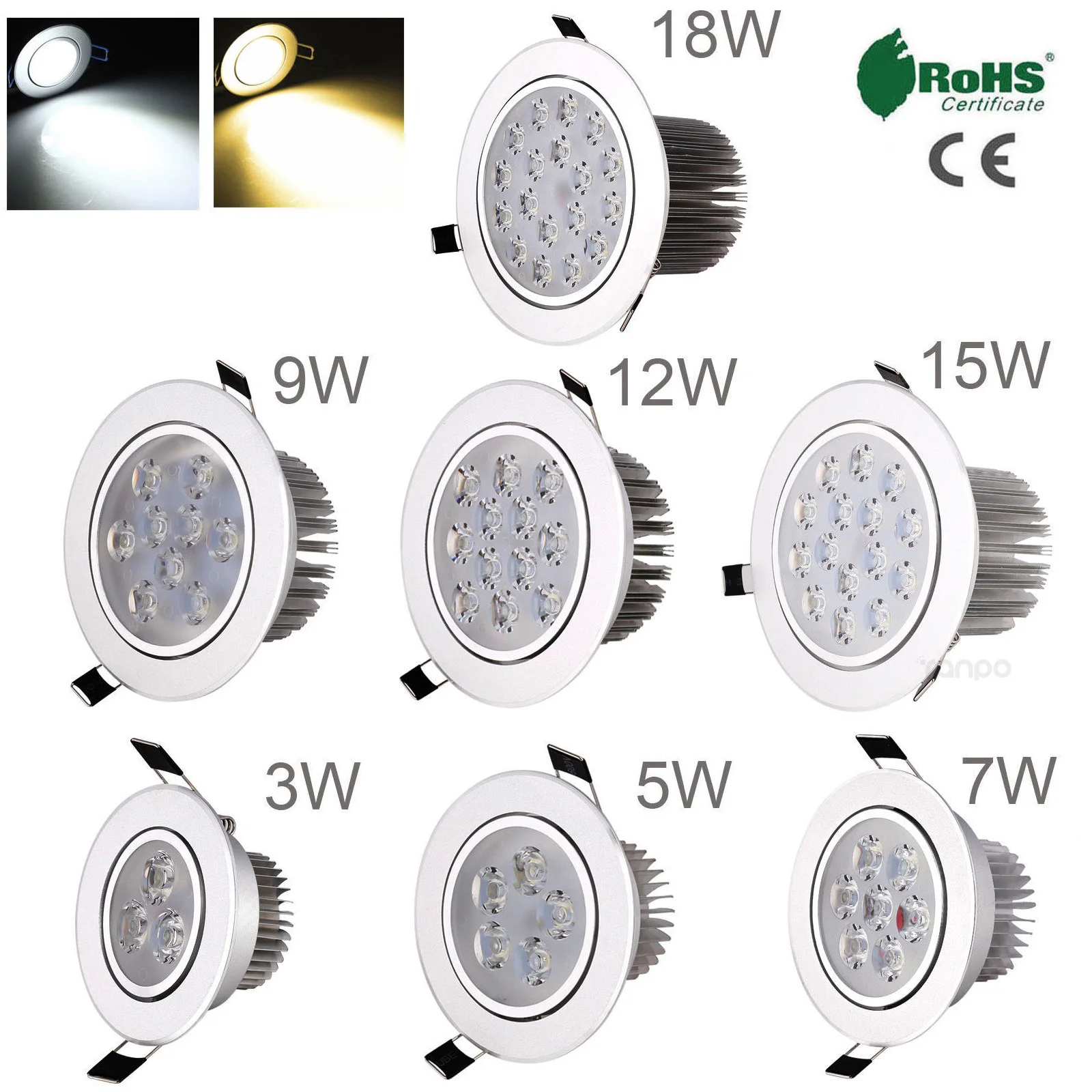 3W 5W 7W 9W 12W 15W 18W Dimmable LED Recessed Ceiling Down Light White ...