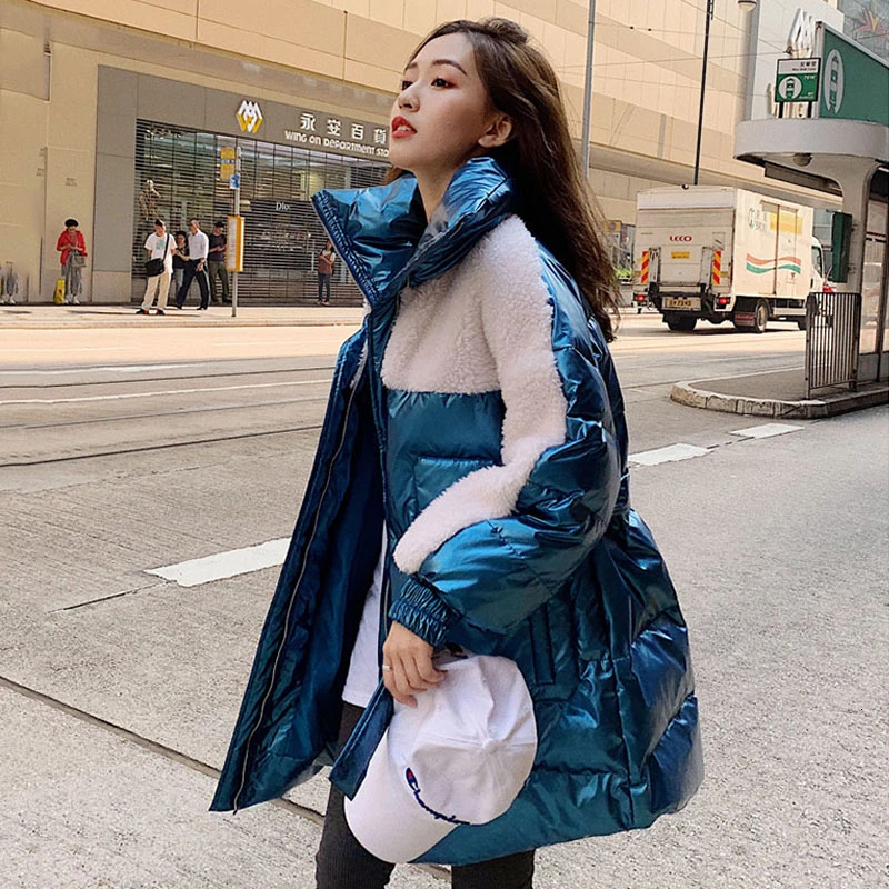 Зимнее женское пальто из овечьей шерсти, блестящая короткая стеганая ...