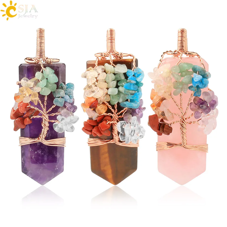 Csja 7 차크라 생명의 나무 목걸이 여성 남성 와이어 랩 검 천연 석재 펜던트 로즈 퍼플 크리스탈 쿼츠 티몬