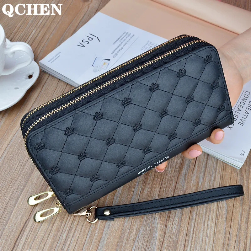 Women Wallet Long Crown Double Zipper Embroidery Thread Ladies Hand ...