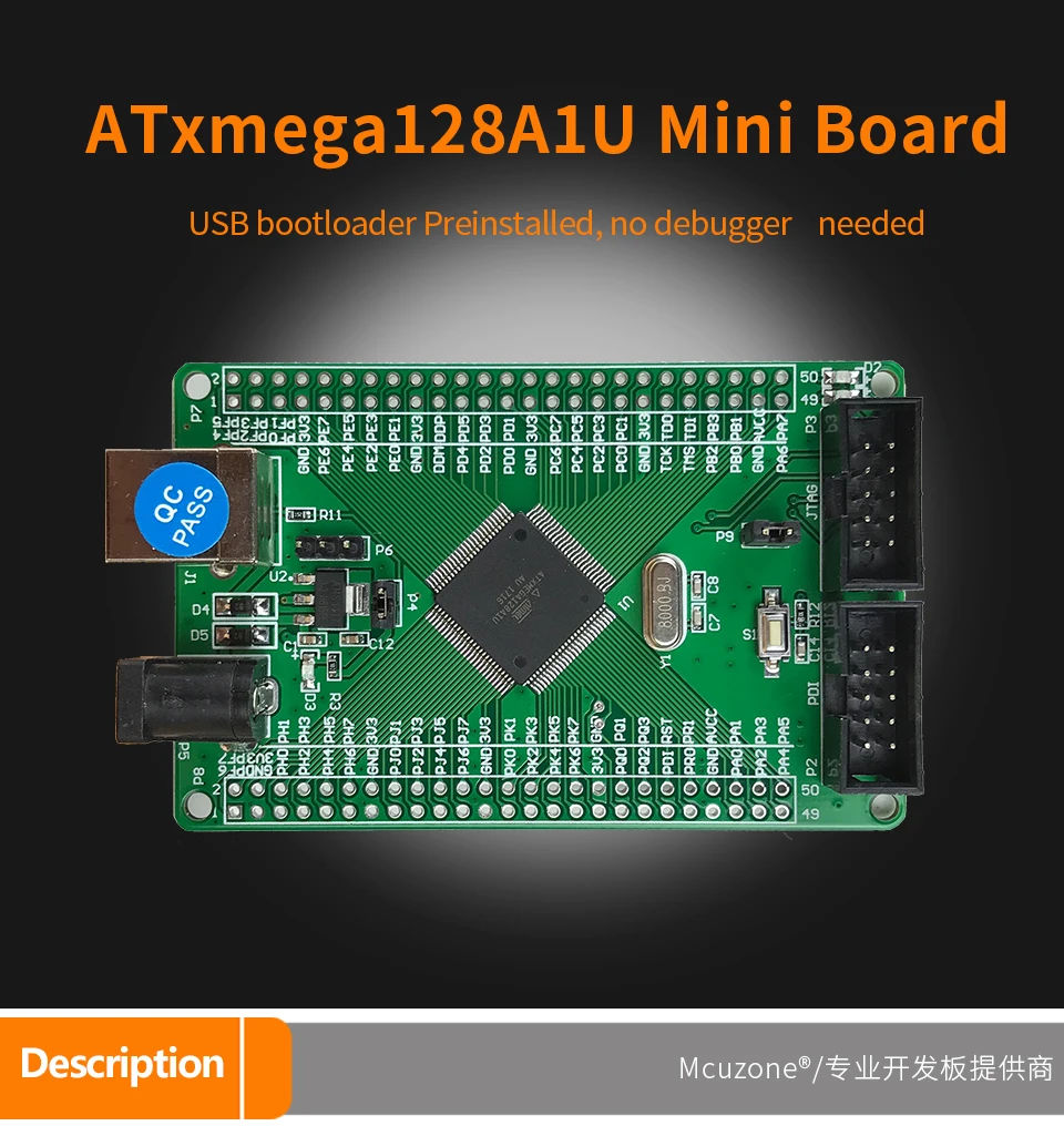 ATxmega128A1U Mini Board, 12Bit ADC DAC, 8UART, USB Device, JTAG PDI ...