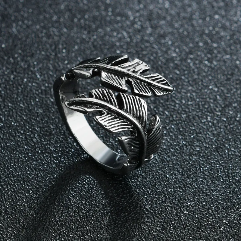Punk Vintage Metal Feather Leaves Open Ring Male Jewelry European Men ...