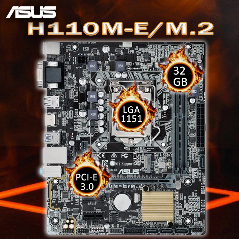 LGA 1151 Asus H110M E/M.2เมนบอร์ด Core I7 I5 I3 DDR4 2133MHz PCI E 3.0 ...