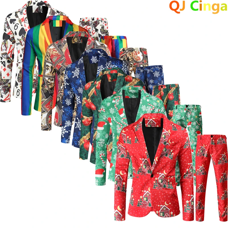 Red Printed Two-piece Men's Christmas Suit (Jacket + Pants) Stylish ...