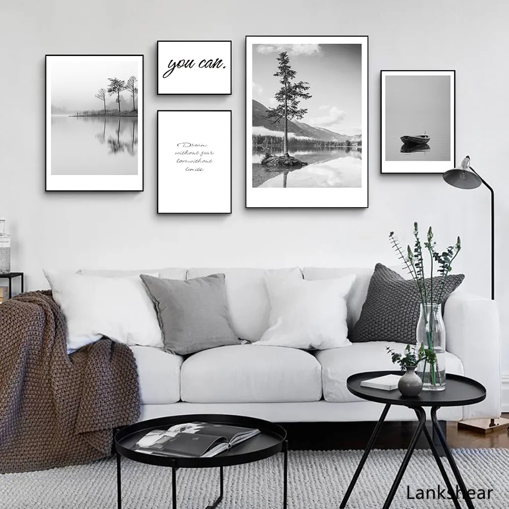 Black And White Wall Pictures Landscape Canvas Painting Boat Forest ...