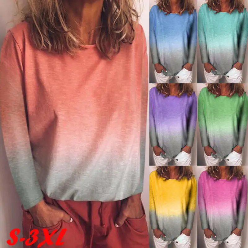 Womens Rainbow Gradients Long Sleeve T Shirt Casual Tops Basic Tee Tops ...