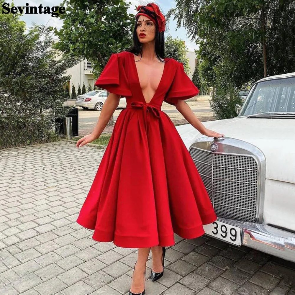 Sevintage Red Tea-length Prom Dresses Short Puffy Sleeves Evening Gowns ...
