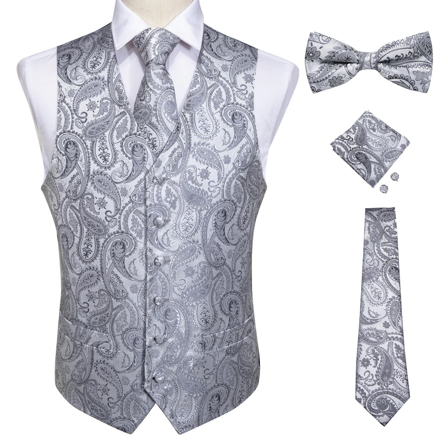 Mens Classic Silver Paisley Folral Silk Waistcoat Vests Wedding ...