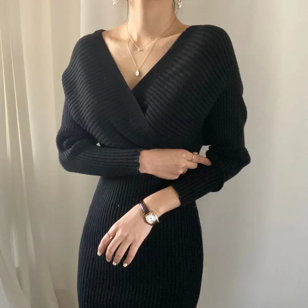 Robe,MATAKAWA – pull à manches longues pour femme, vêtement tricoté ...