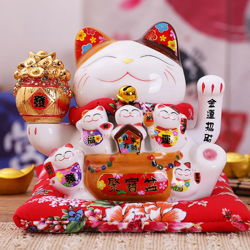 7.5 Inch Ceramic Beckoning Cat Maneki Neko Ornament Feng Shui ...