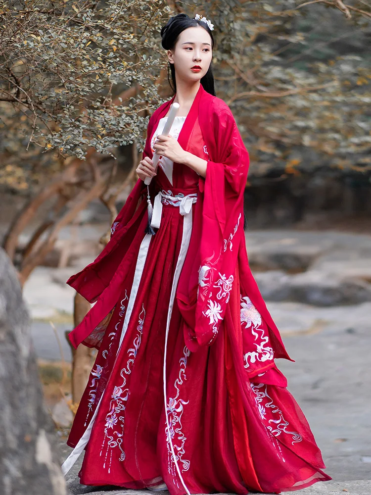 Chinese-Dress-Hanfu-Red-Embroidery-Large-Sleeved-Shirt-Hanfu-Women ...